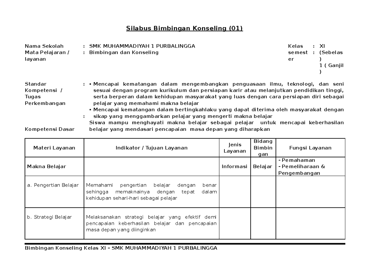 Silabus bk kelas xi 1595299740 - Silabus Bimbingan Konseling (01) Nama Sekolah Mata Pelajaran ...