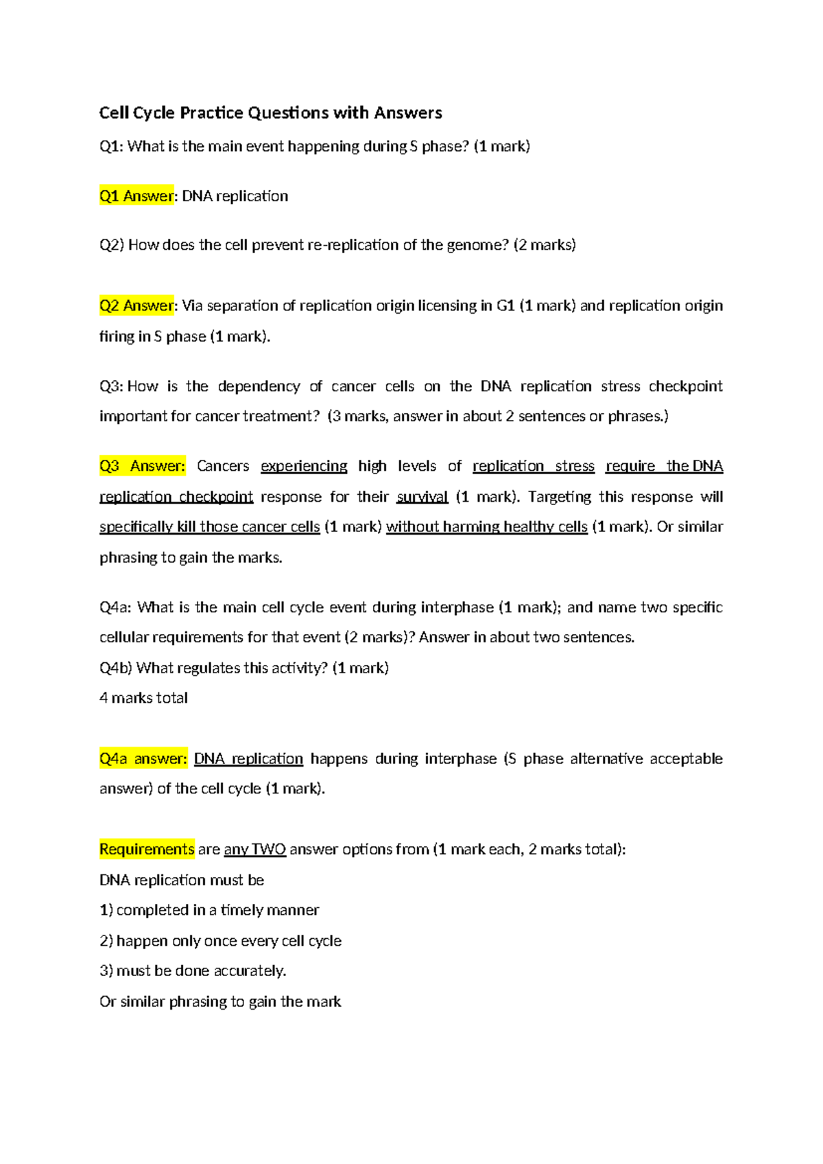 Cell Cycle Practice Questions with answers 23-24 - Cell Cycle Practice ...