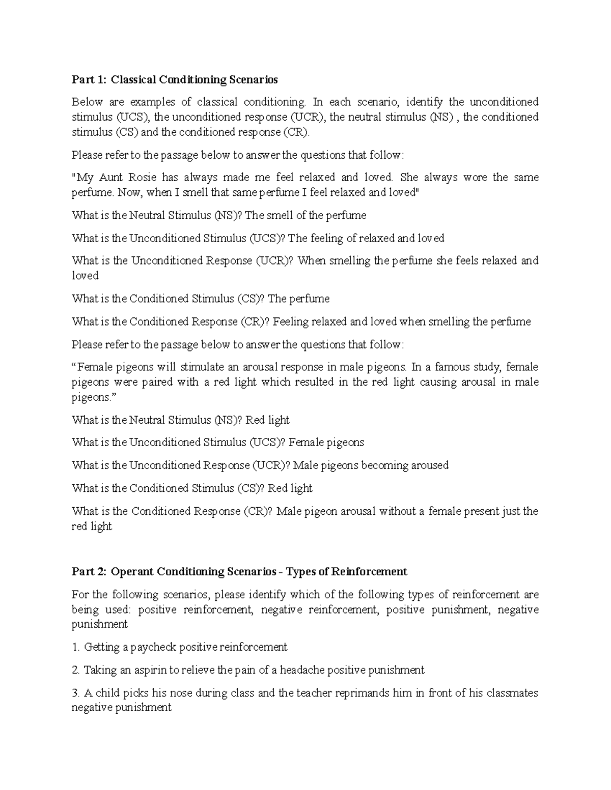 ALA WK 6 - sDfasd - Part 1: Classical Conditioning Scenarios Below are ...