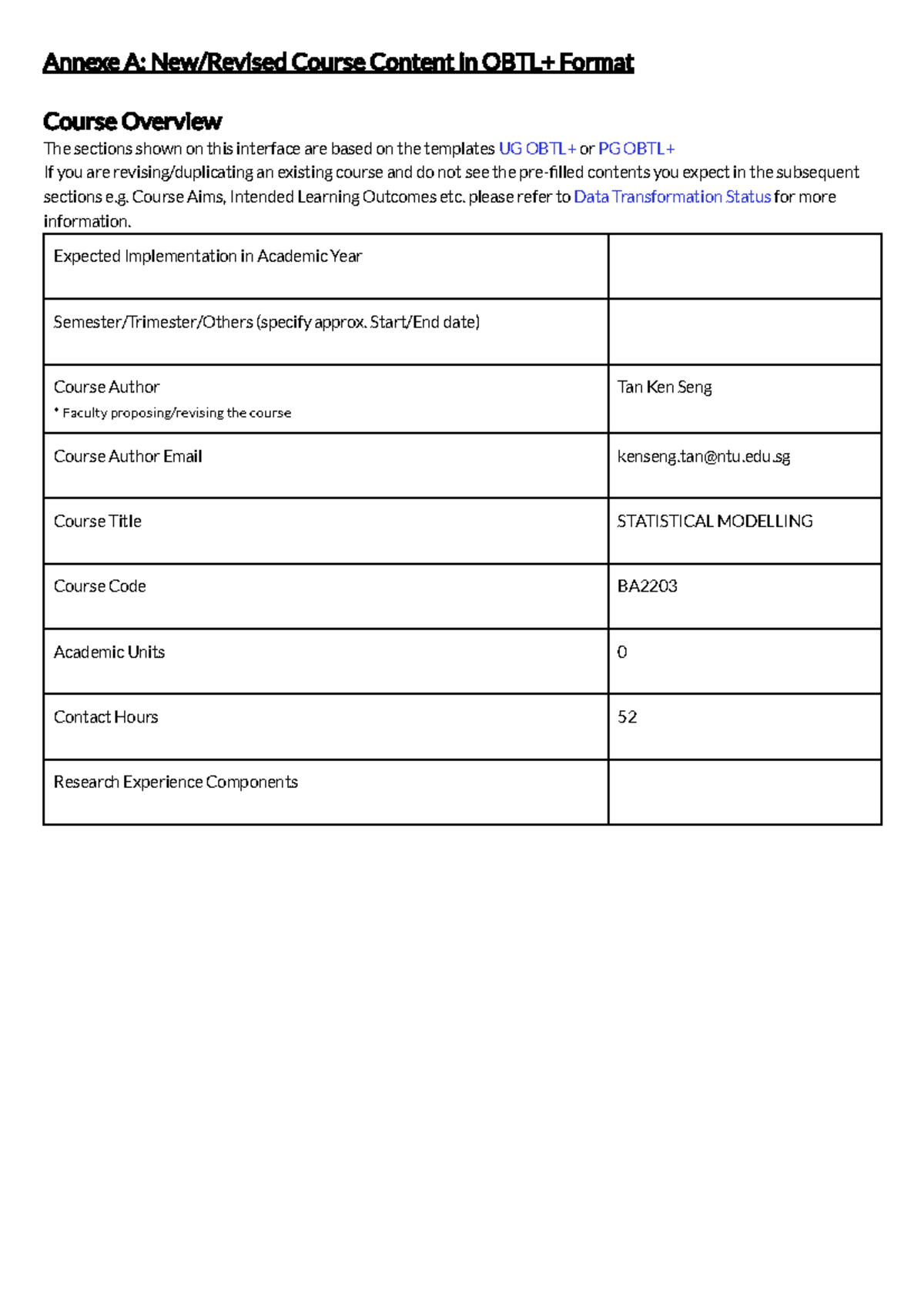 BA2203 Stats Model - N/A - Annexe A: New/Revised Course Content in ...