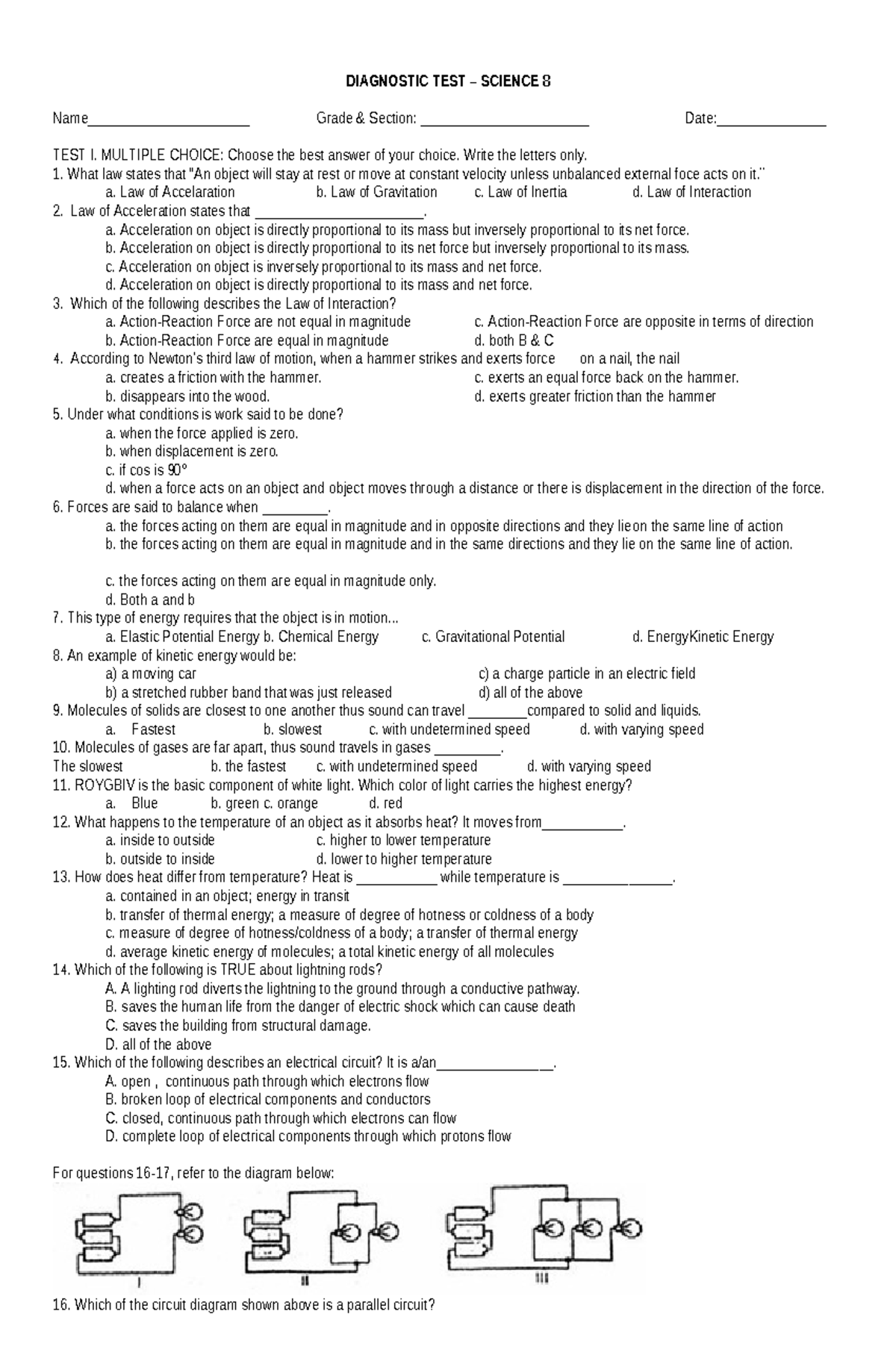 413116818 Diagnostic Test Science 8 - DIAGNOSTIC TEST – SCIENCE 8 Name