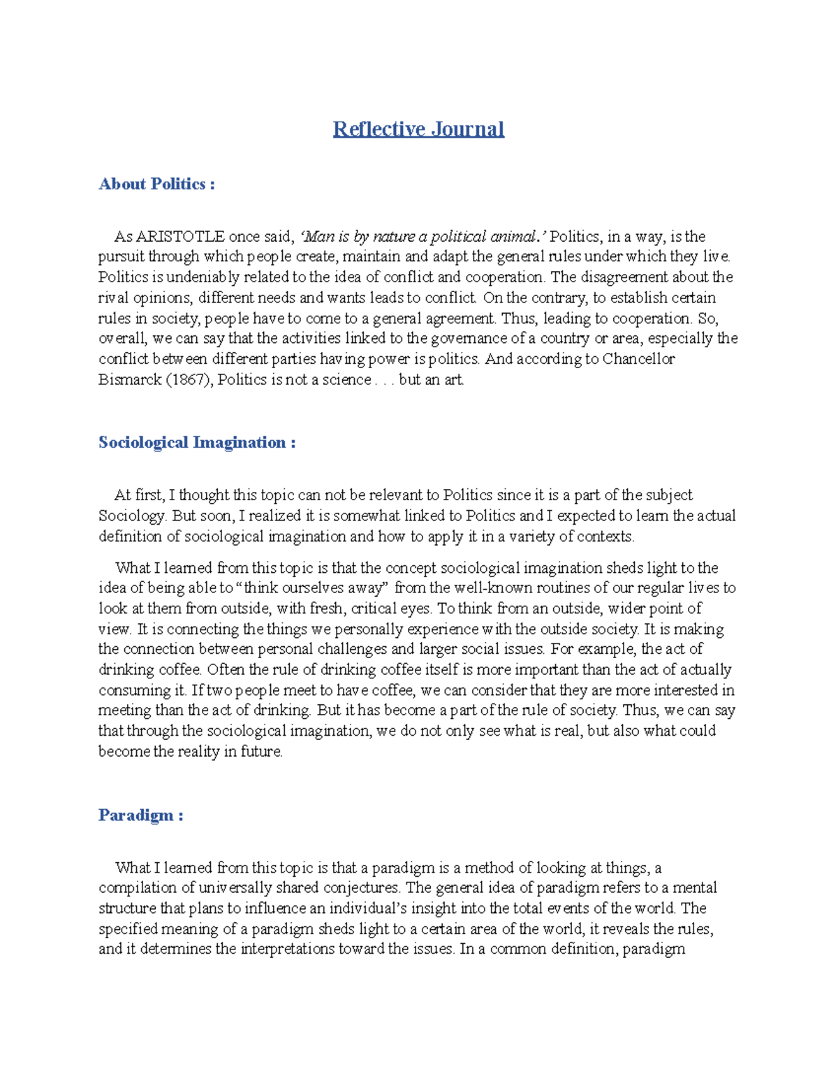 Reflective Journal - Reflective Journal About Politics : As ARISTOTLE ...