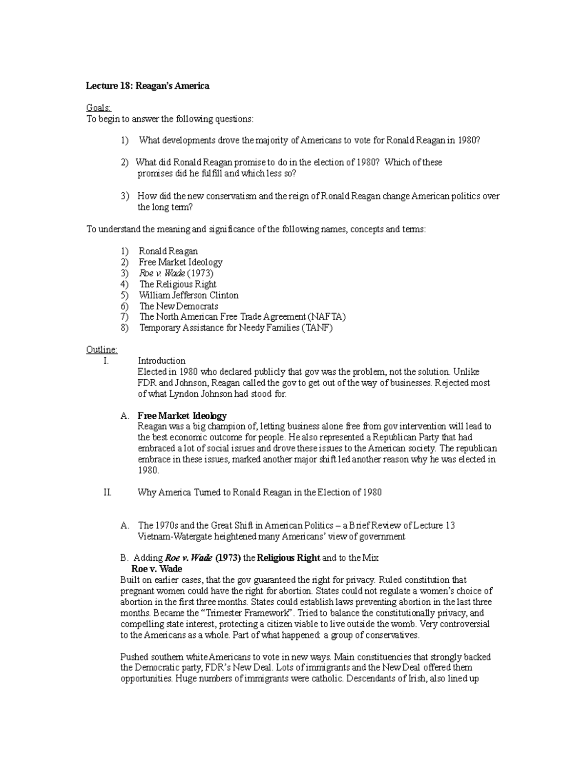 Lecture 18 Reagan notes - Lecture 18: Reagan’s America Goals: To begin ...