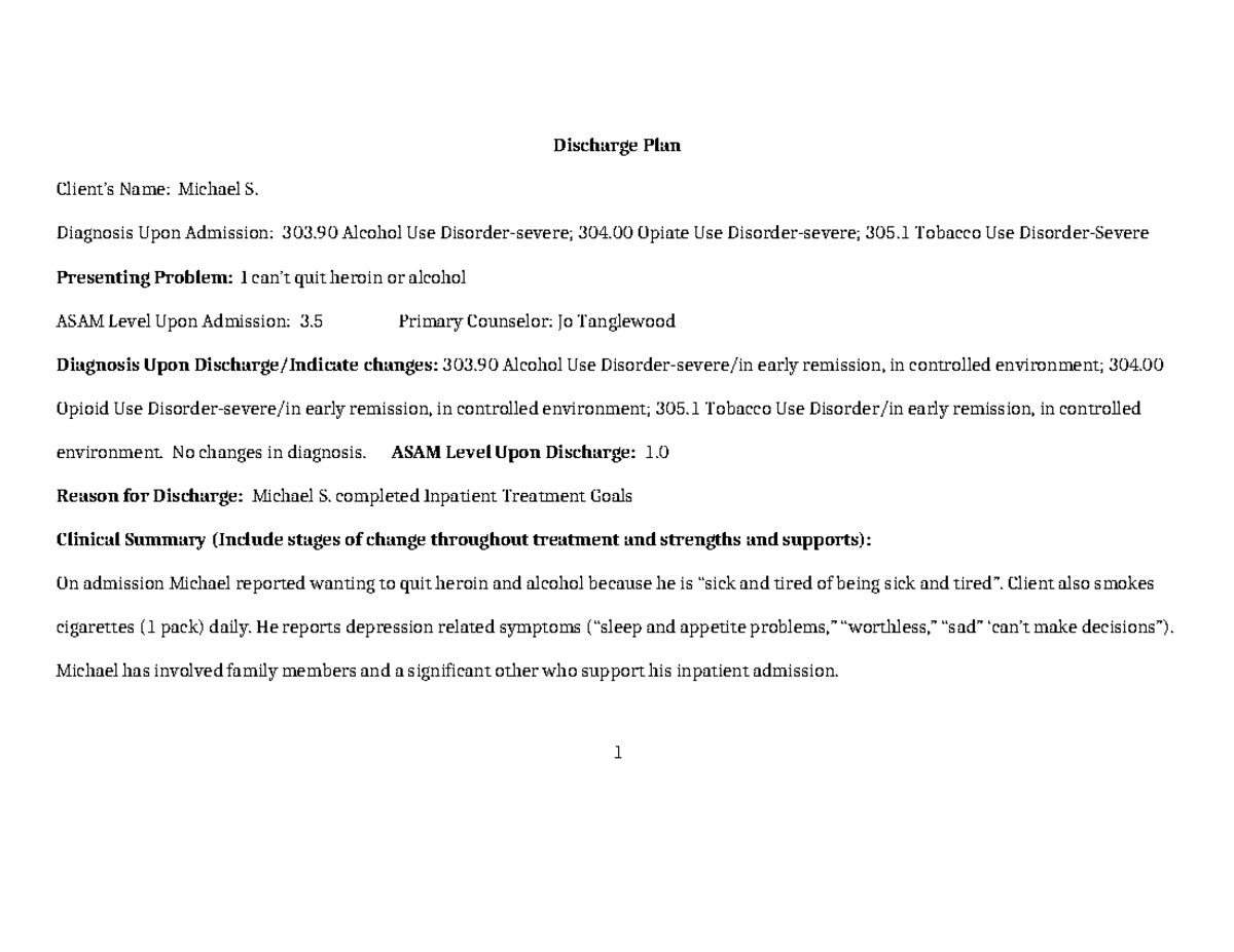 HSE 351 6-2 Discharge Plan Template 240414 - Discharge Plan Client’s ...