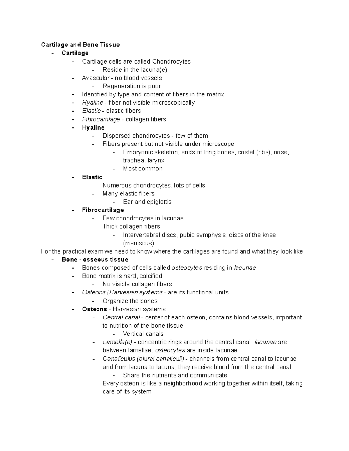 Cartilage and Bone Tissue lecture notes - Cartilage and Bone Tissue ...