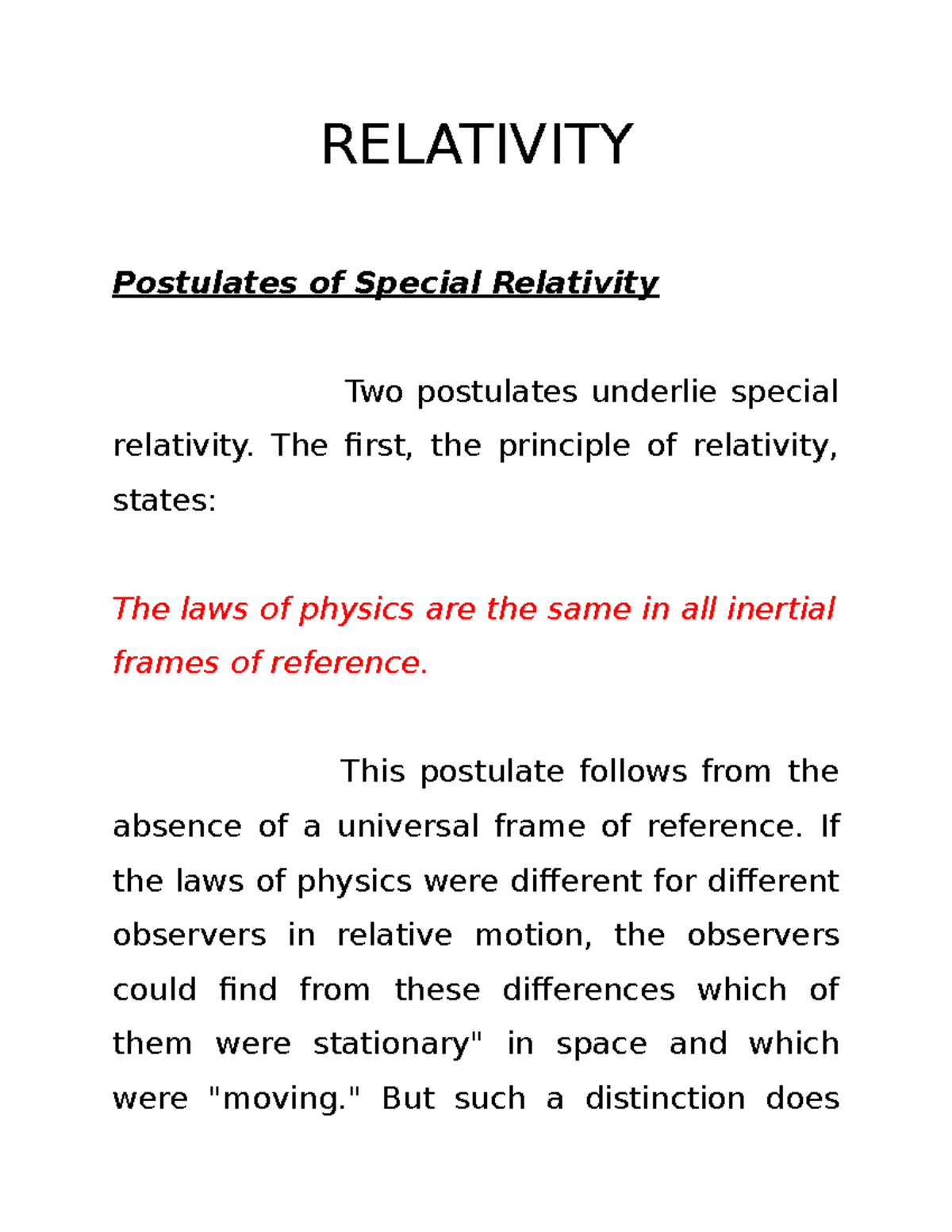 Relativity - postulates of special relativity part 1 - RELATIVITY ...
