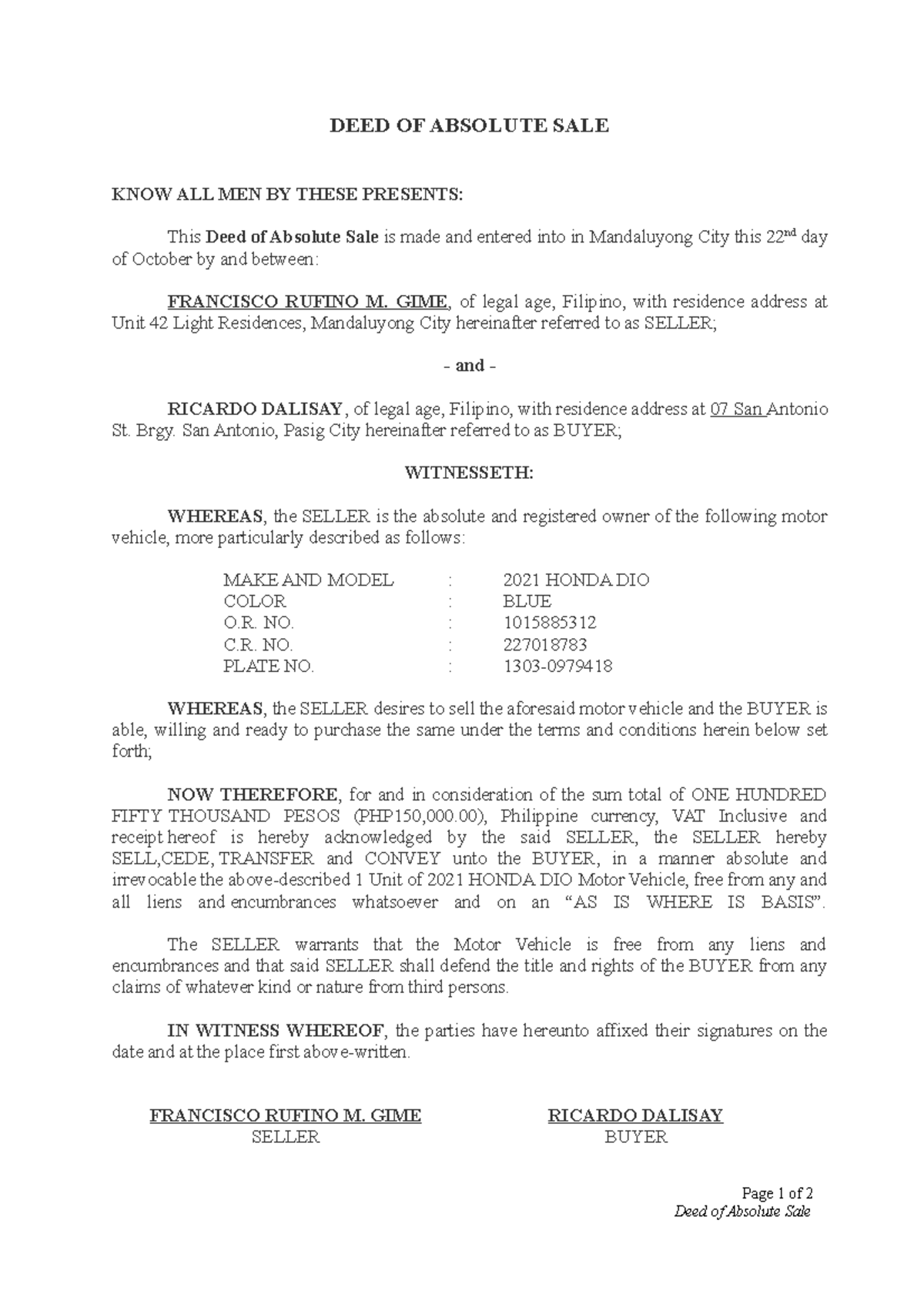 Deed of Absolute Sale of a Motorcycle - DEED OF ABSOLUTE SALE KNOW ALL ...
