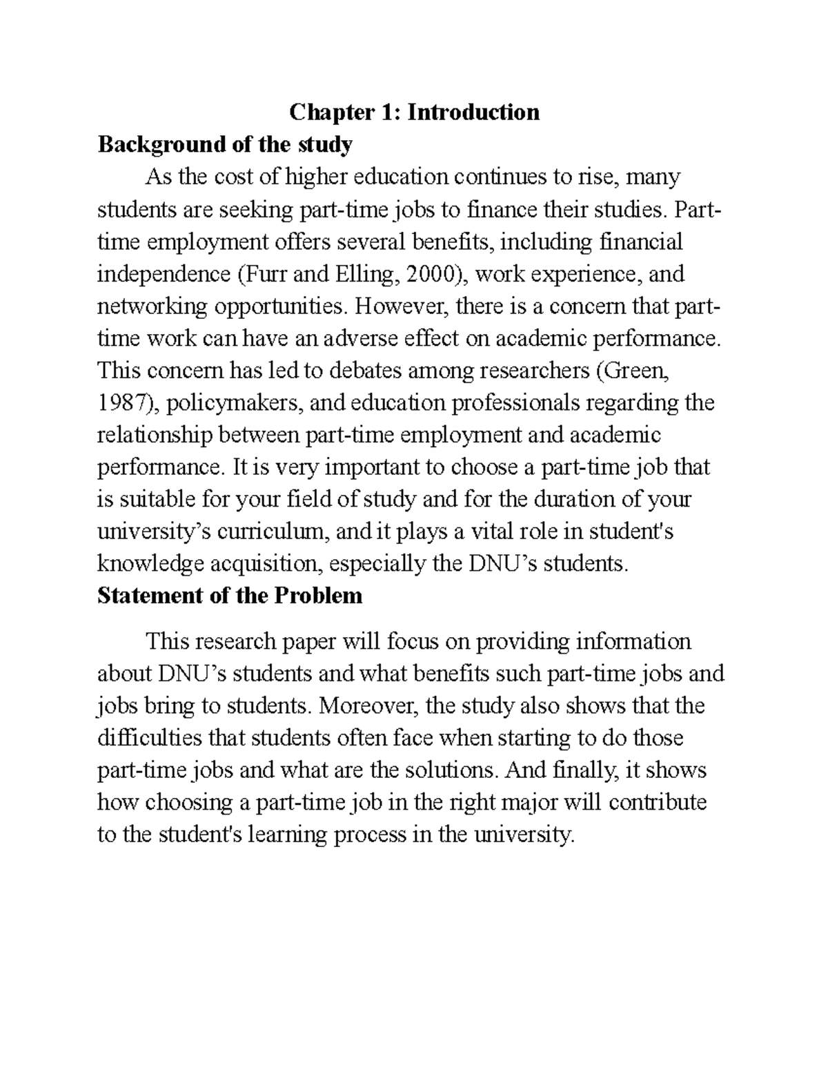 Research - Chapter 1: Introduction Background of the study As the cost ...