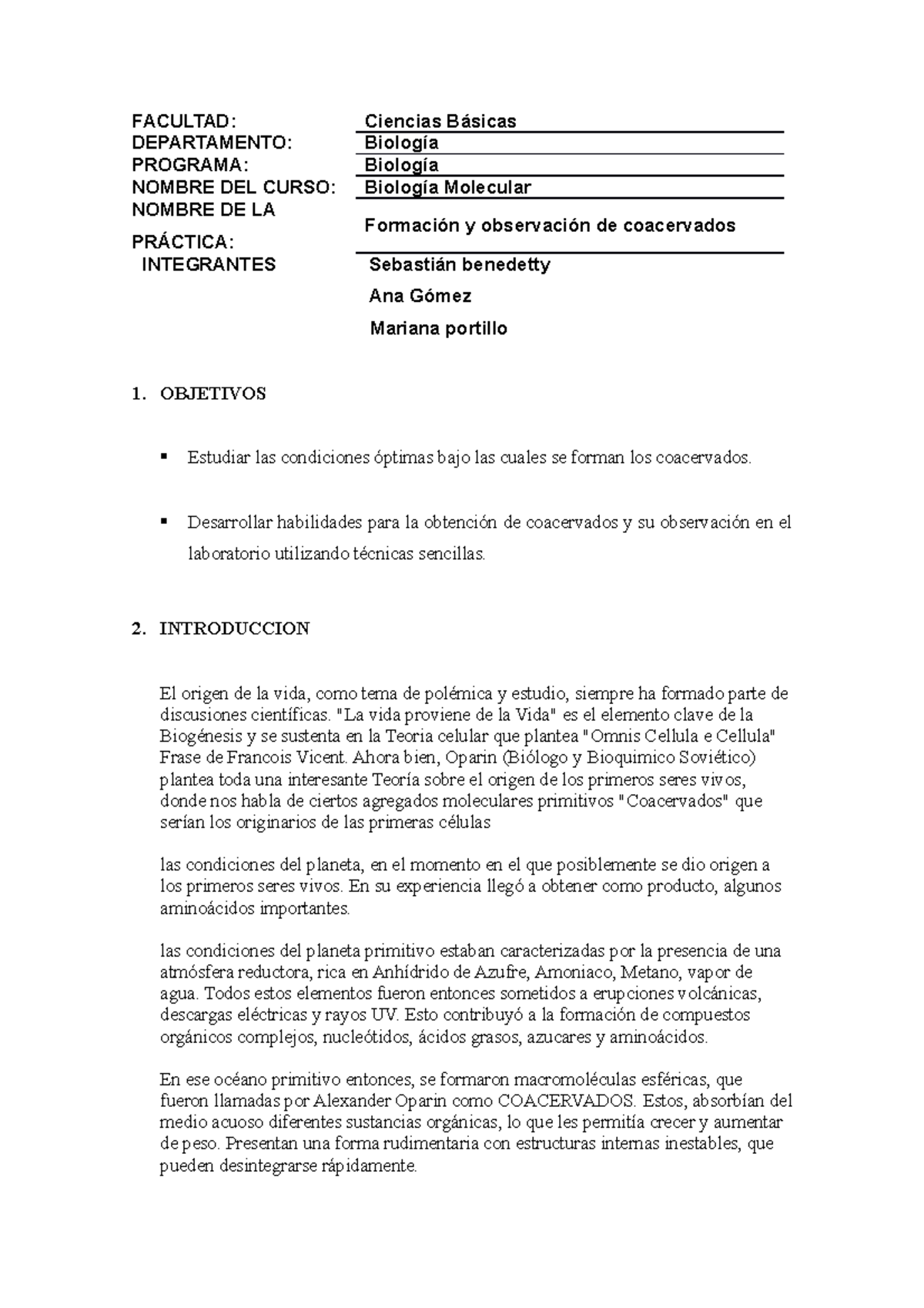 Practica de coacervado esta si - FACULTAD: Ciencias Básicas ...