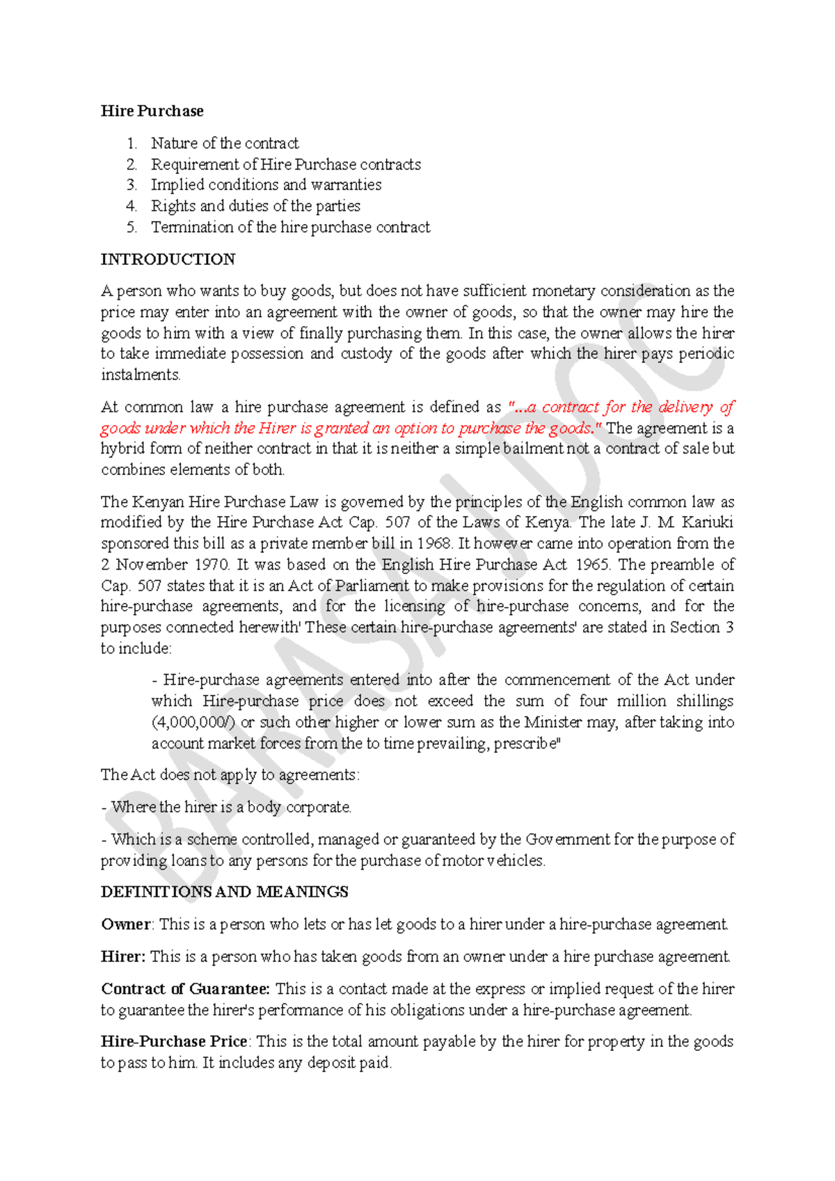 Commercial lecture notes great summary and easy to read - Hire Purchase ...