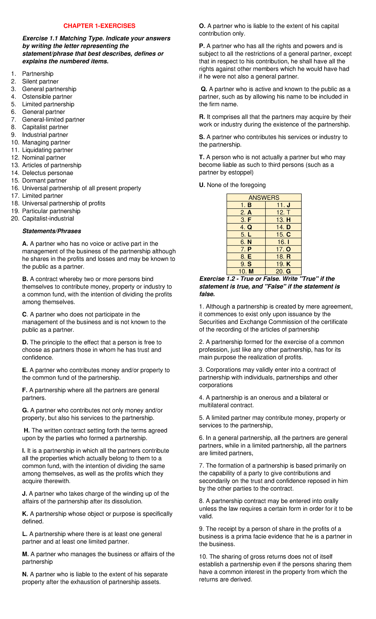 Lawed Partnership-Soriano - CHAPTER 1-EXERCISES Exercise 1 Matching ...