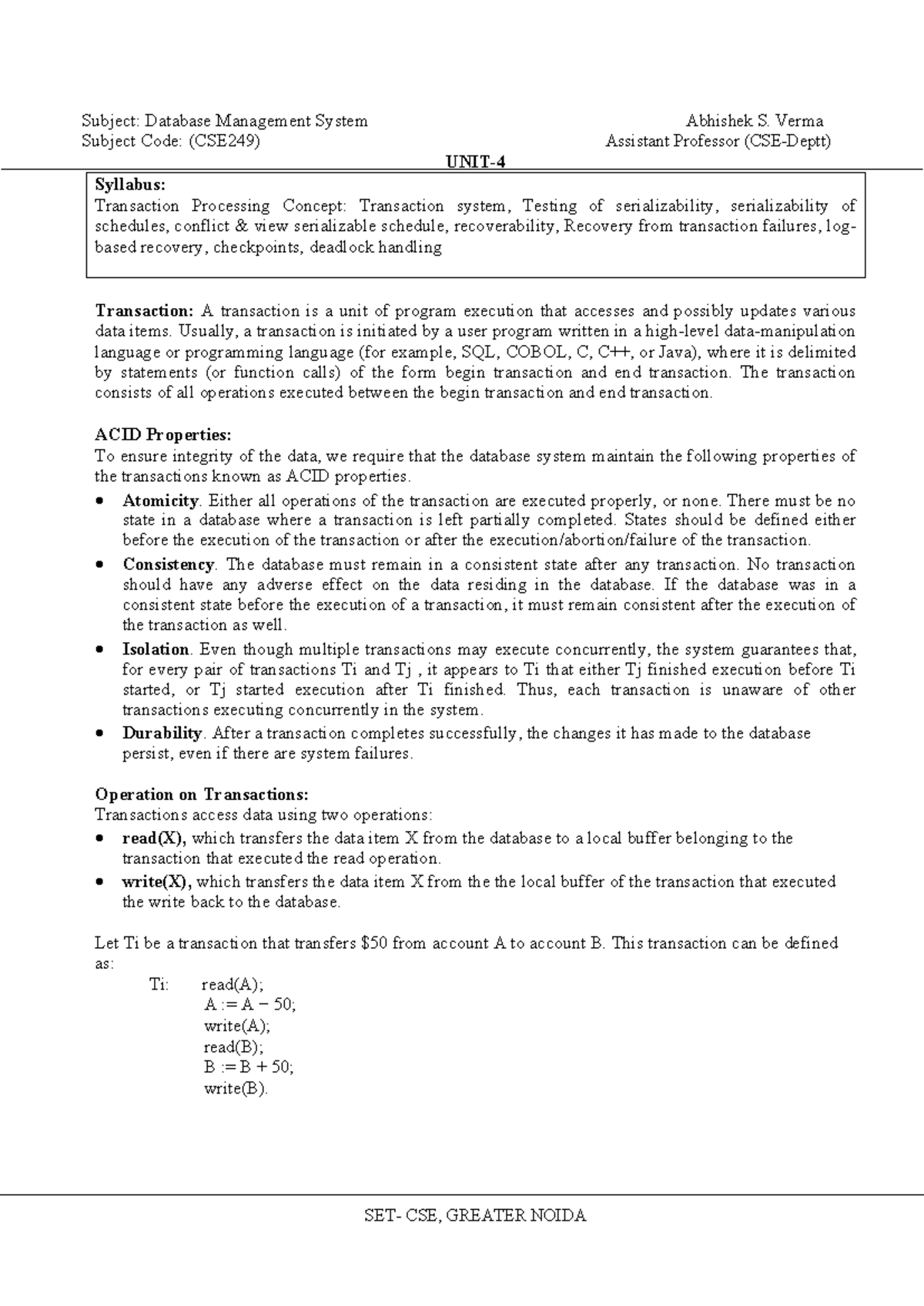Unit 4 Cse249 Dbms Subject Code Cse249 Assistant Professor Cse