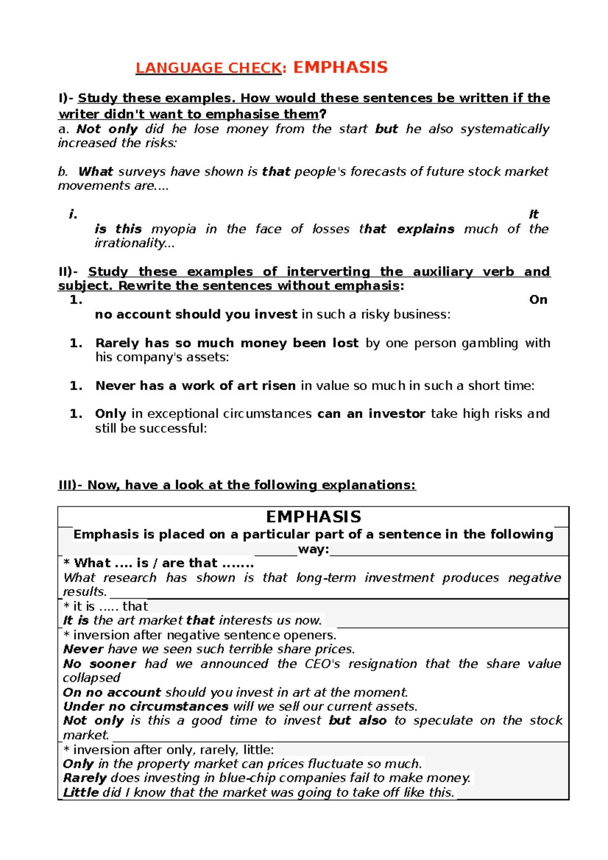 Emphasis-Word - macroé - LANGUAGE CHECK: EMPHASIS I)- Study these ...