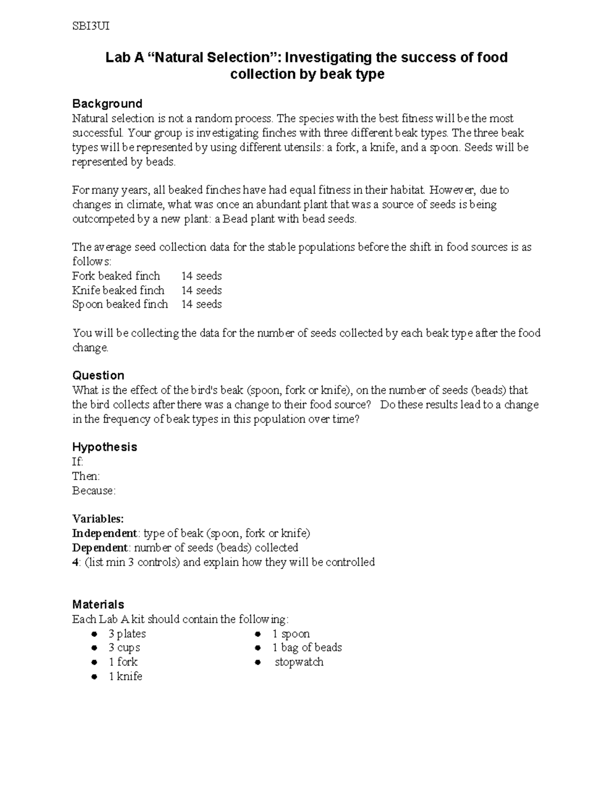 Natural Selection Lab Version A and B 2022 - SBI3UI Lab A “Natural ...