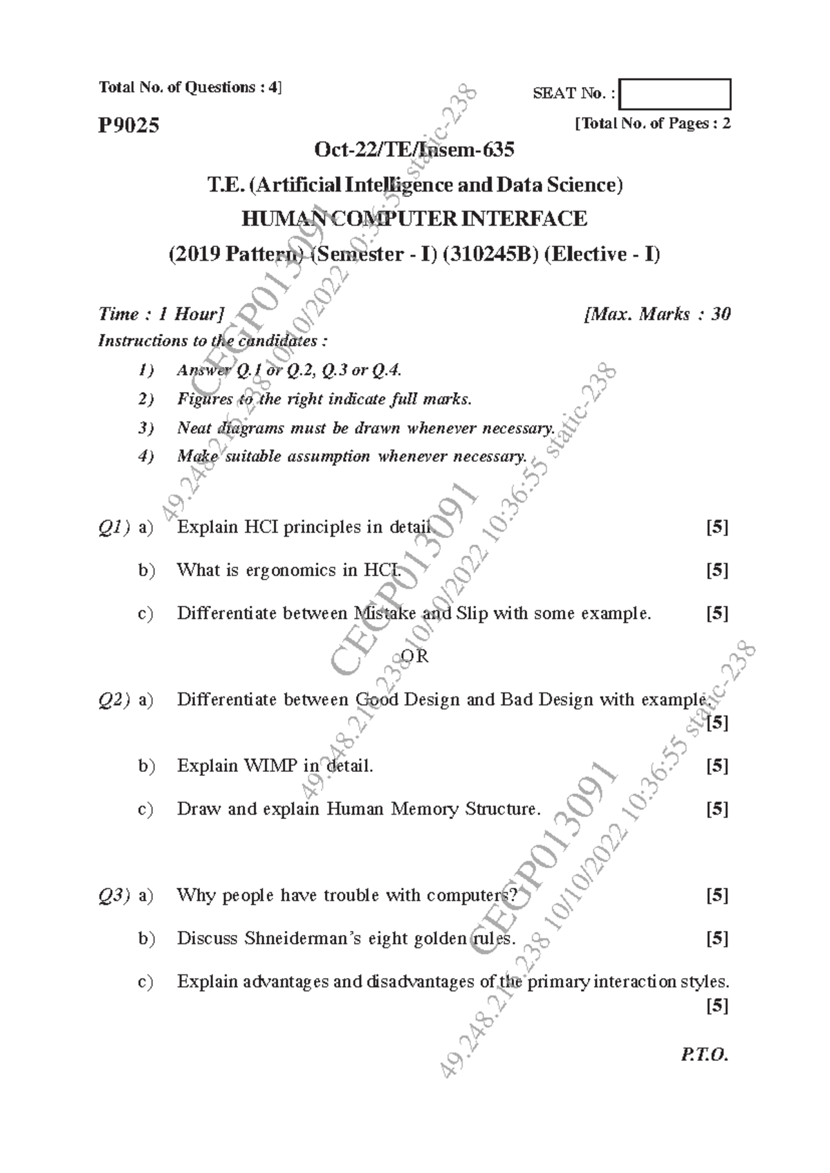 SPPU TE AIDS Human Computer Interface Ele I Oct 2022 - Total No. of ...