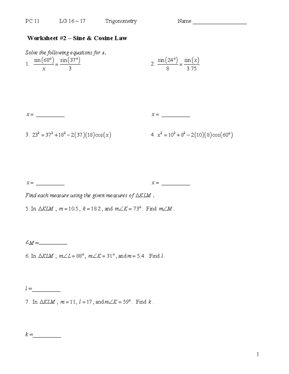 WS2 Sin,Cos Law - Cos law practice - Worksheet #2 – Sine & Cosine Law ...