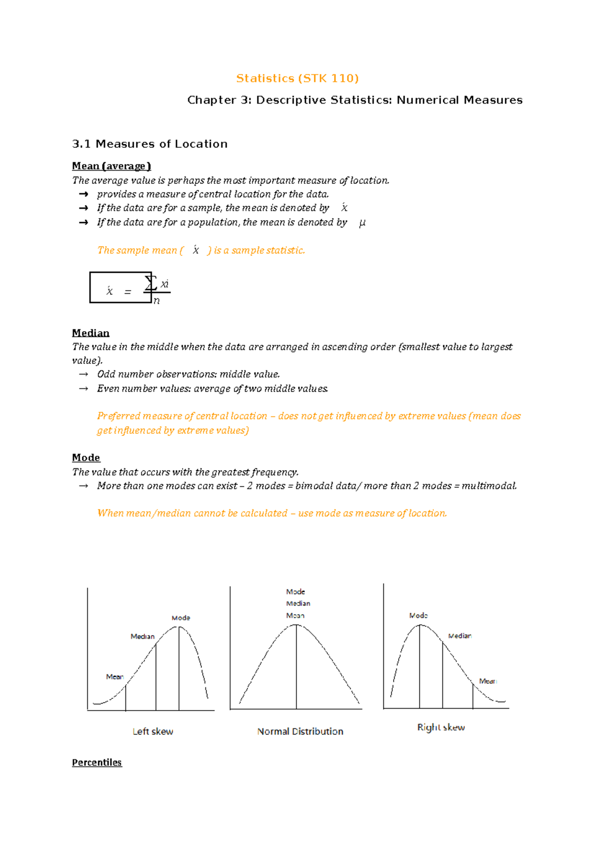Statistics Chapter 3 - Measures of Location - Statistics (STK 110 ...