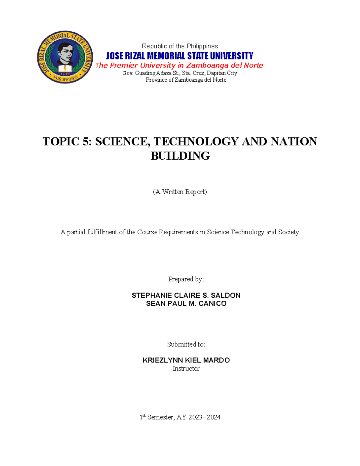 STS Written Report Topic 5 Science Technology AND Nation Building - Republic of the Philippines ...