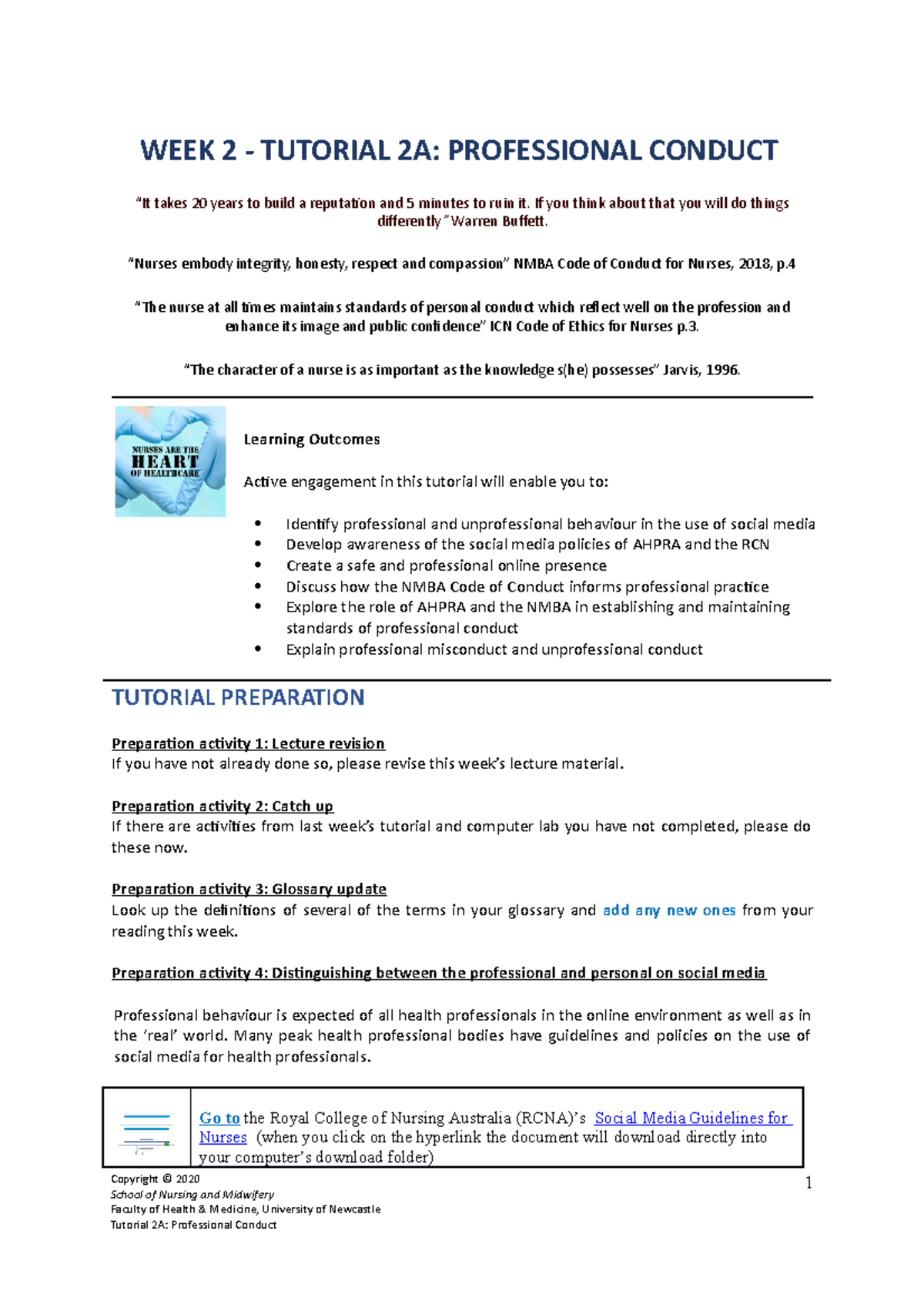 Week 2 - Tutorial 2A - Nursing(2) - WEEK 2 - TUTORIAL 2A: PROFESSIONAL ...