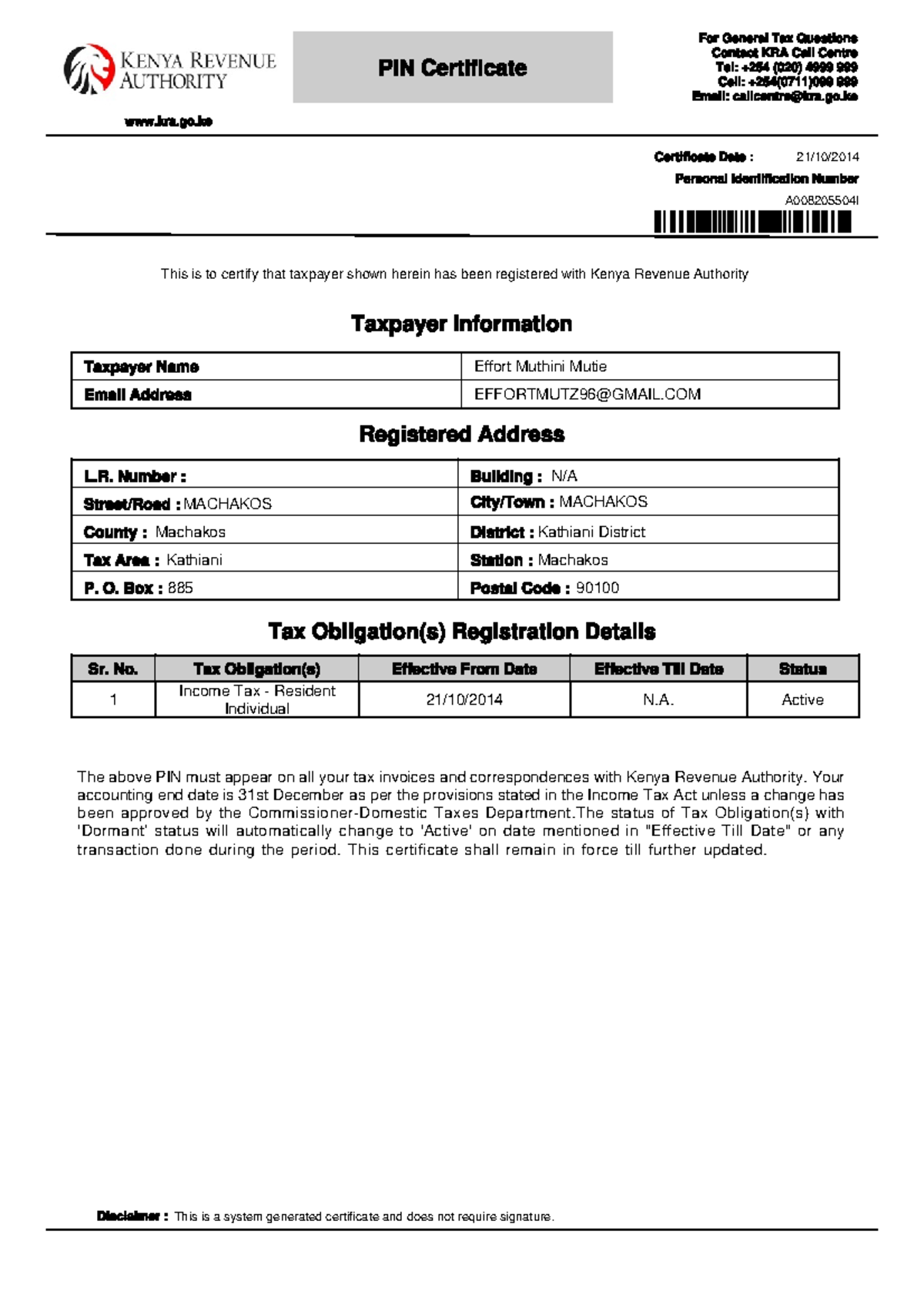 A008205504 I - Certificate Date : Personal Identification Number 21/10 ...