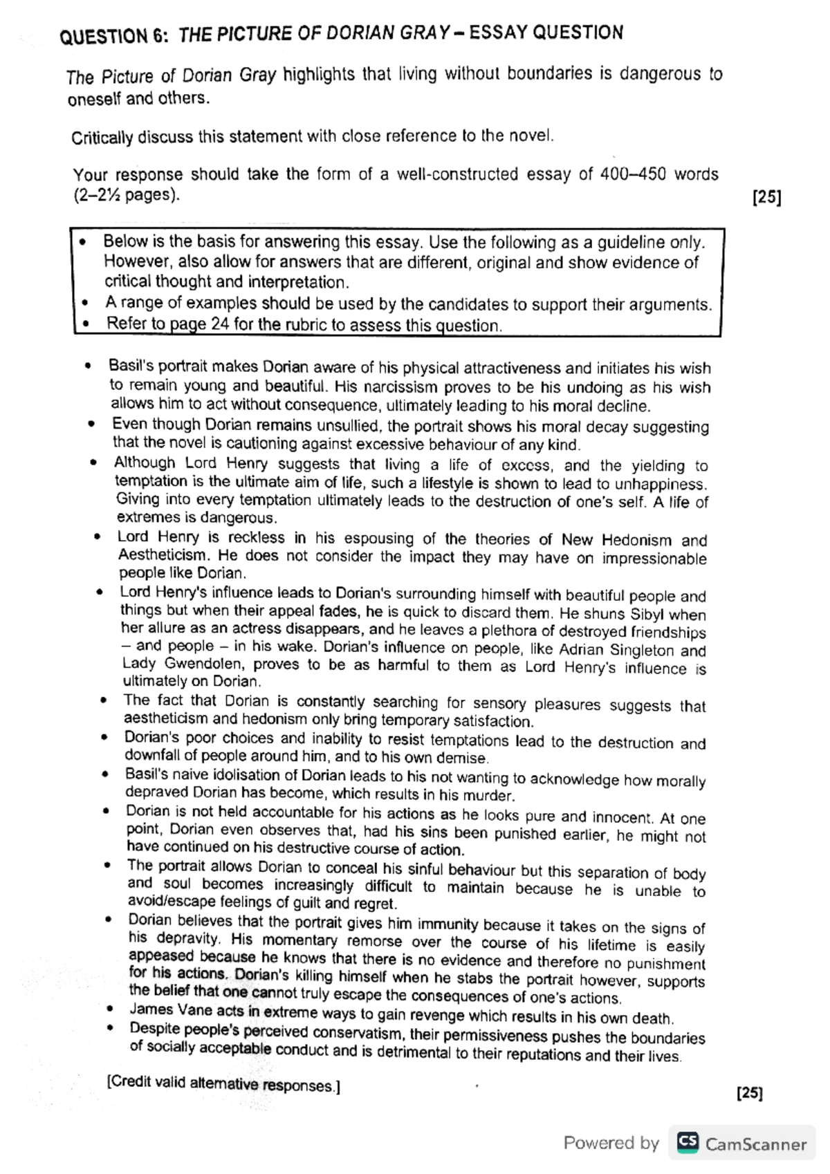 Dorian essay 11 - QUESTION 6: THE PICTURE OF DORIAN GRAY QUESTION The ...