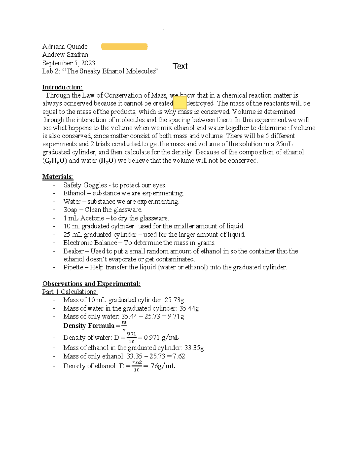 Chem 106 Lab 2 copy - Lab 2 - Adriana Quinde and Rhiana Chetram Andrew ...