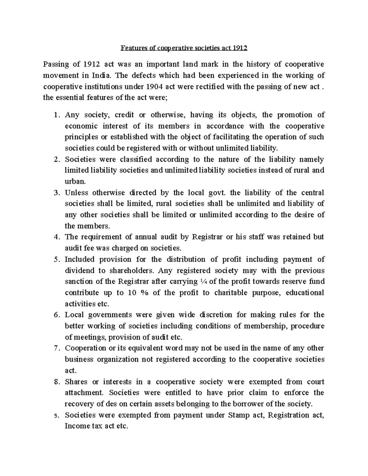 Features of cooperative societies act 1912 - The defects which had been experienced in the ...