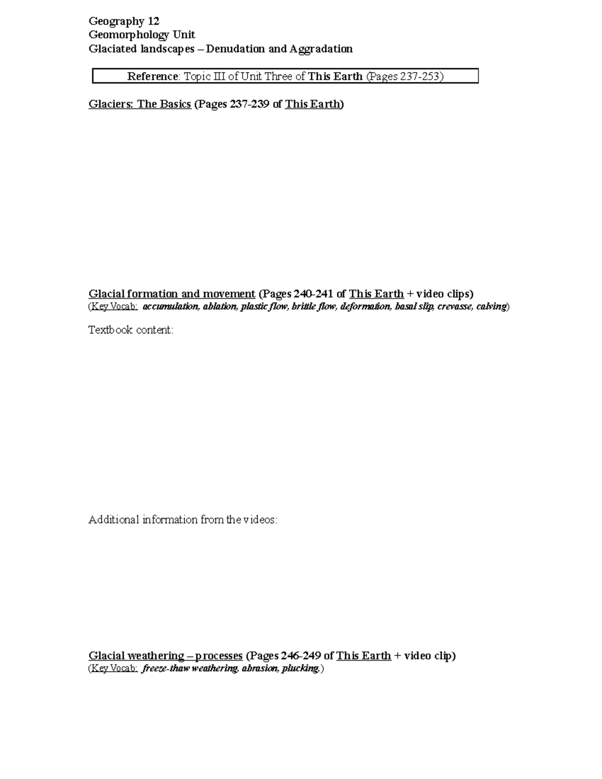 Note-taking sheets - Glaciation - Geography 12 Geomorphology Unit ...