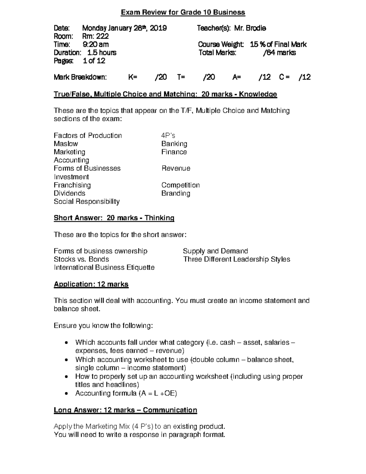 BBI Exam Review Sheet - Exam Review for Grade 10 Business Date: Monday ...