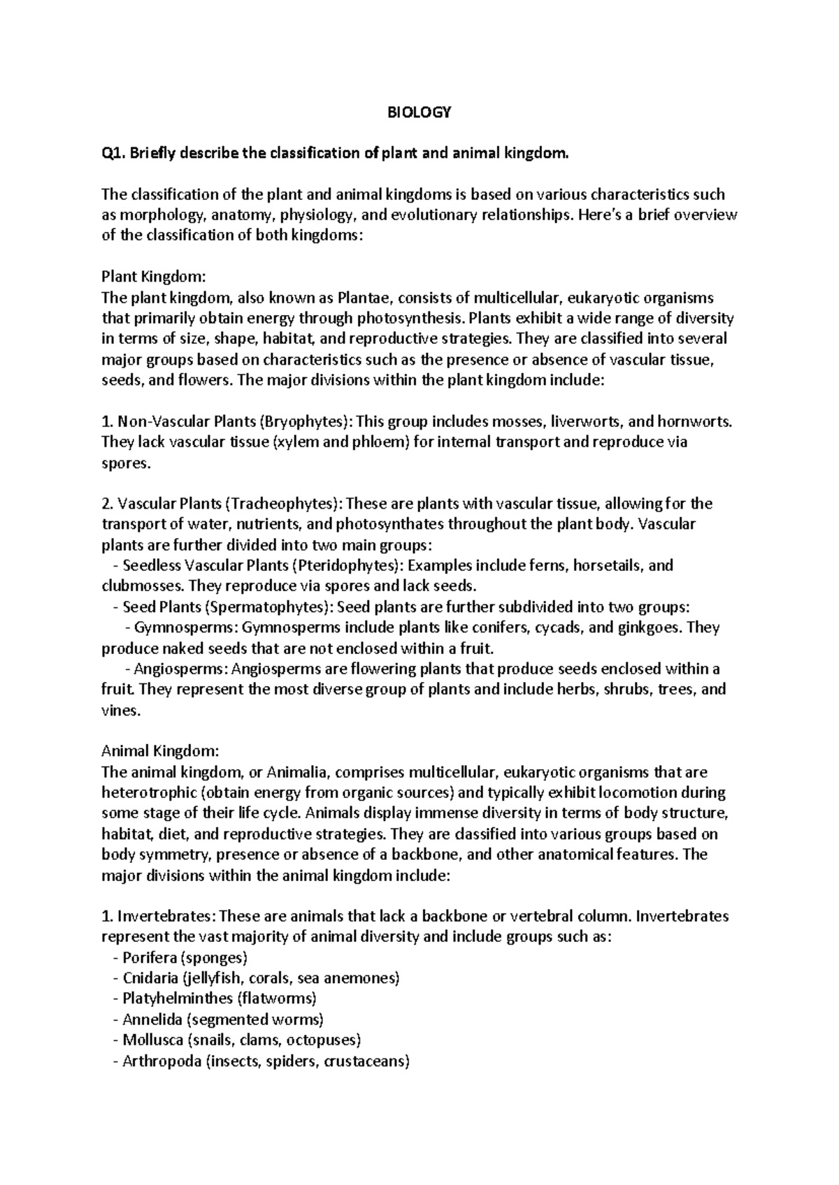 Biology - SIMPLE NOTES - BIOLOGY Q1. Briefly describe the ...