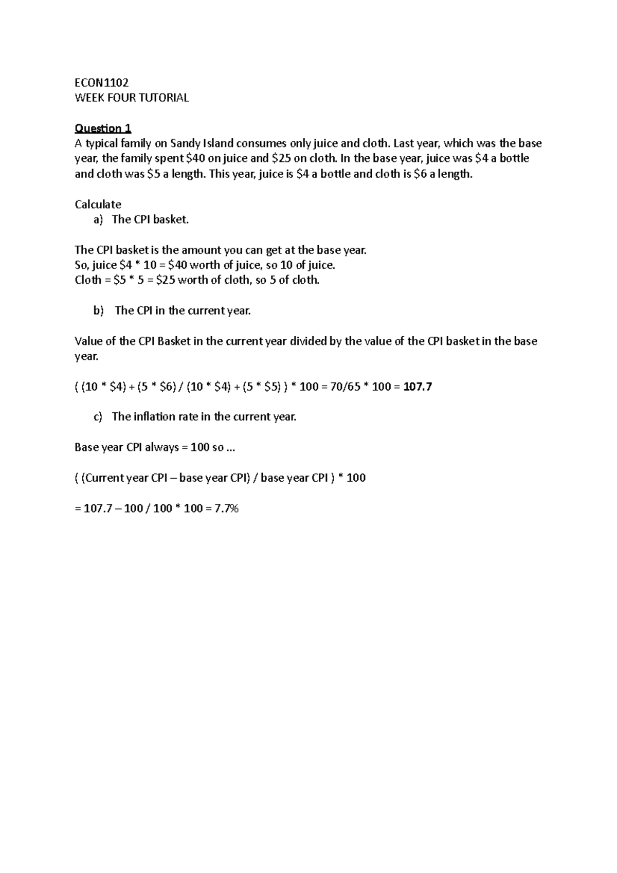 WEEK FOUR Tutorial Questions - ECON WEEK FOUR TUTORIAL Question 1 A ...