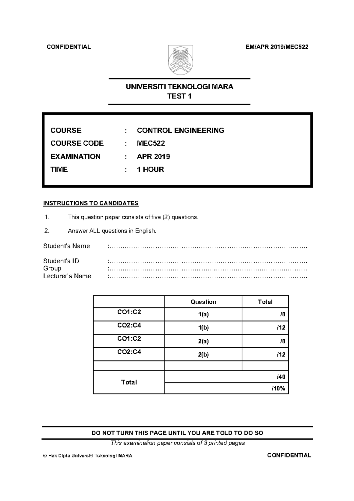 TEST MEC522 APR 2019 v3 - CONFIDENTIAL 1 EM/APR 2019 /MEC 522 © Hak ...