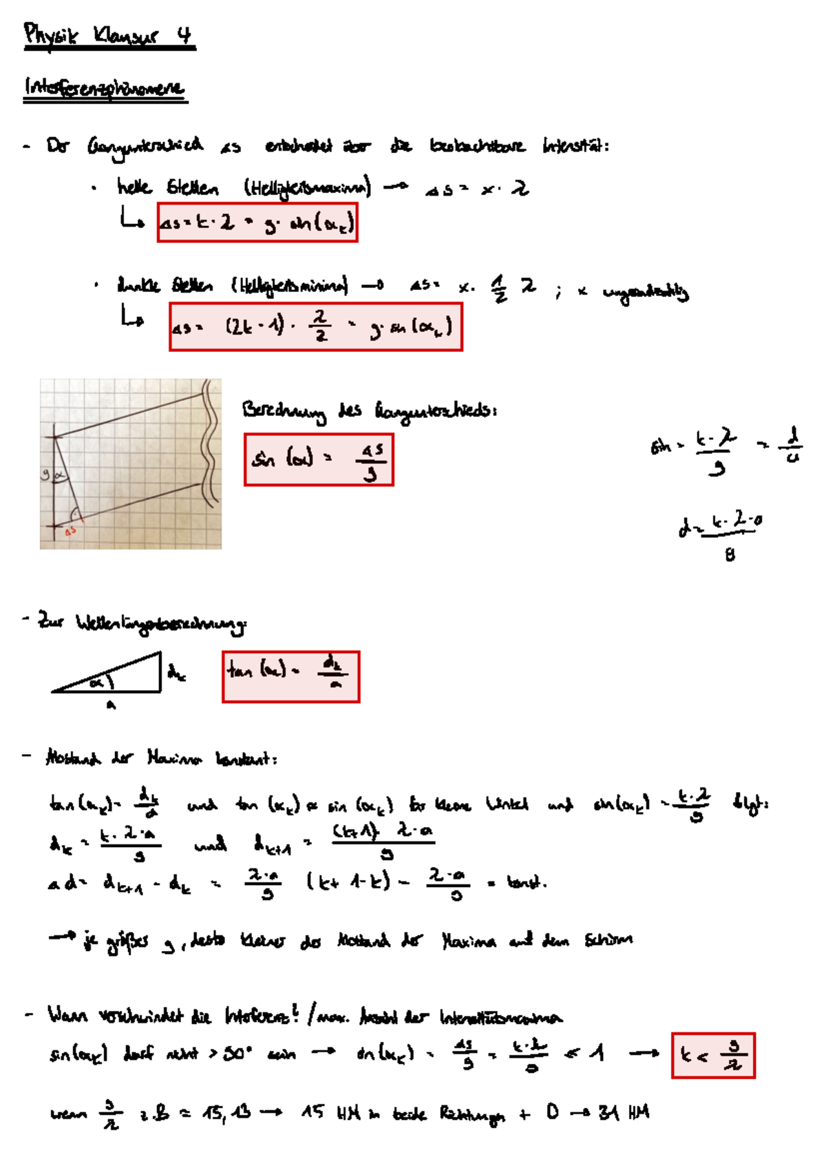 Klausur 4 - ####### Physik Klausur 4 Interferenzphänomene Der Gangunterschied * s entscheidet ...