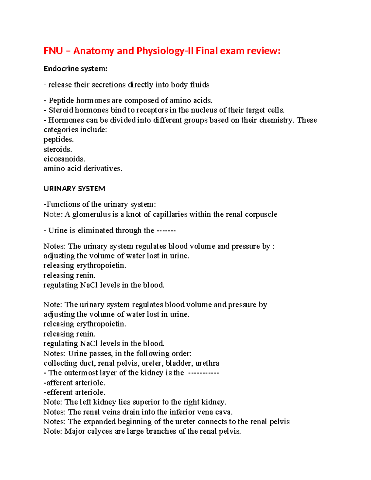 FNU-Final Review - lab - FNU – Anatomy and Physiology-II Final exam review: Endocrine system ...