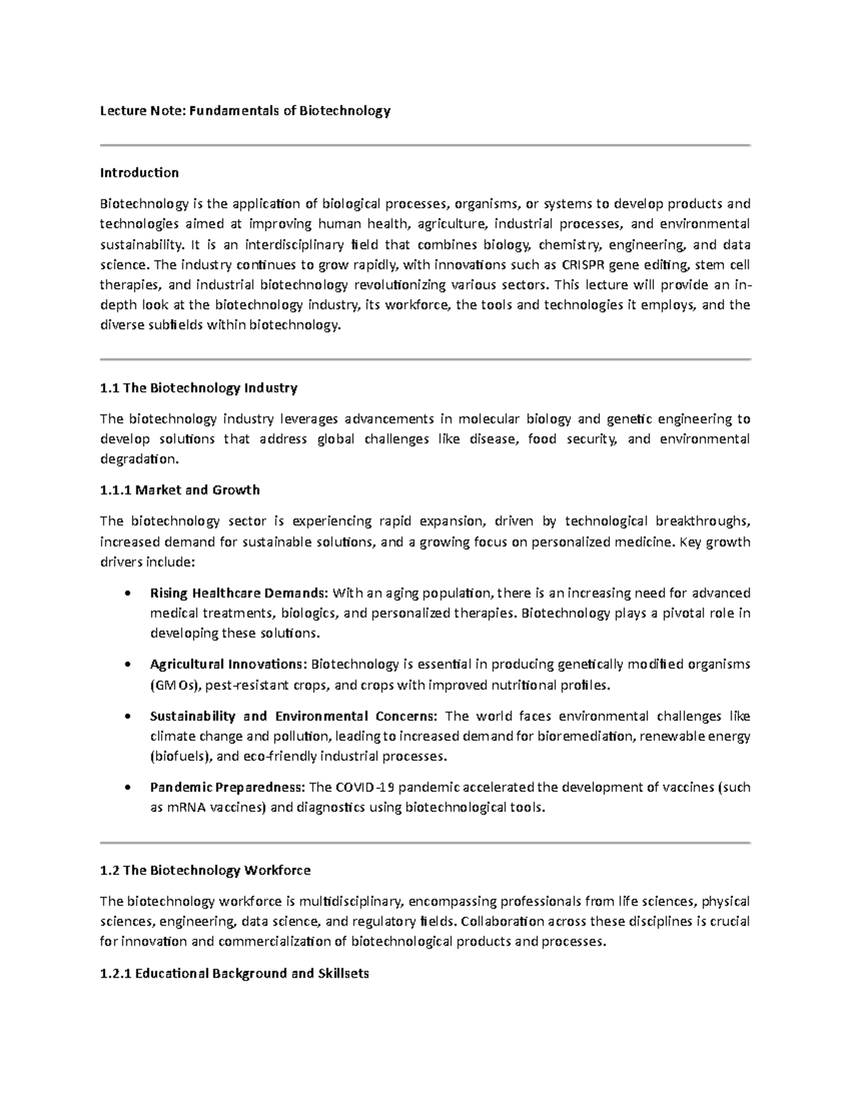 Lecture Note Module 1 - biotech - Lecture Note: Fundamentals of Biotechnology Introduction - Studocu