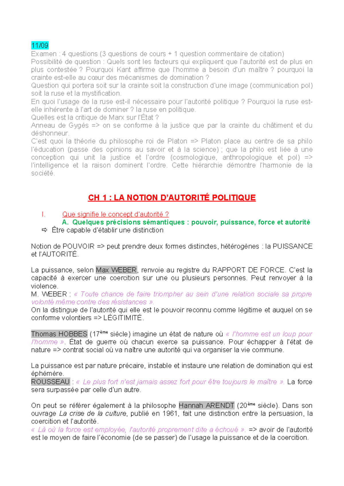 Cours Philosophie politique - 11/ Examen : 4 questions (3 questions de ...