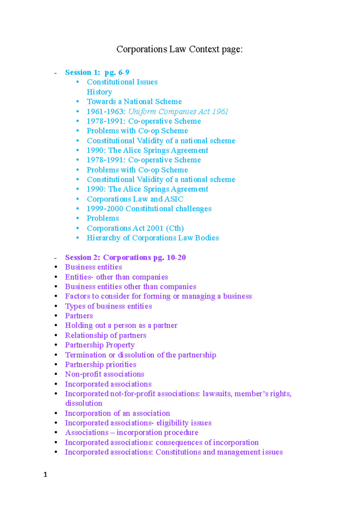 Corporations Law notess - Corporations Law Context page: - Session 1 ...