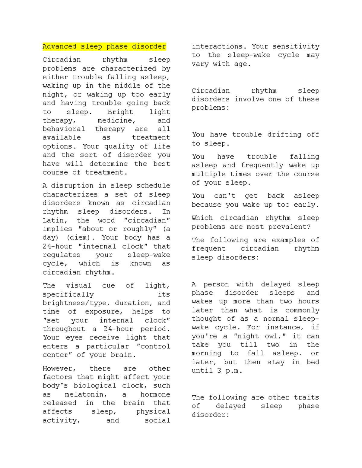 Advanced sleep phase disorder - Advanced sleep phase disorder Circadian ...