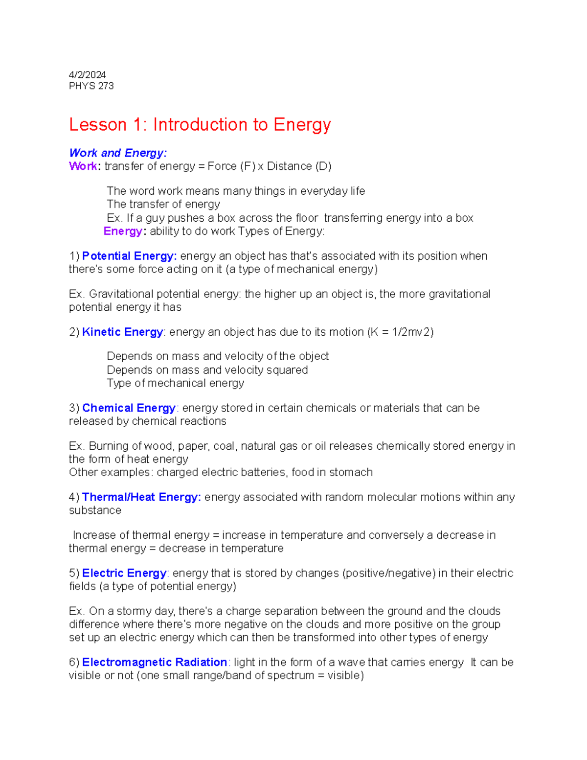 PHYS 273 L 1-4 - lesson 1 to 4 - 4/2/ PHYS 273 Lesson 1: Introduction to Energy Work and Energy ...