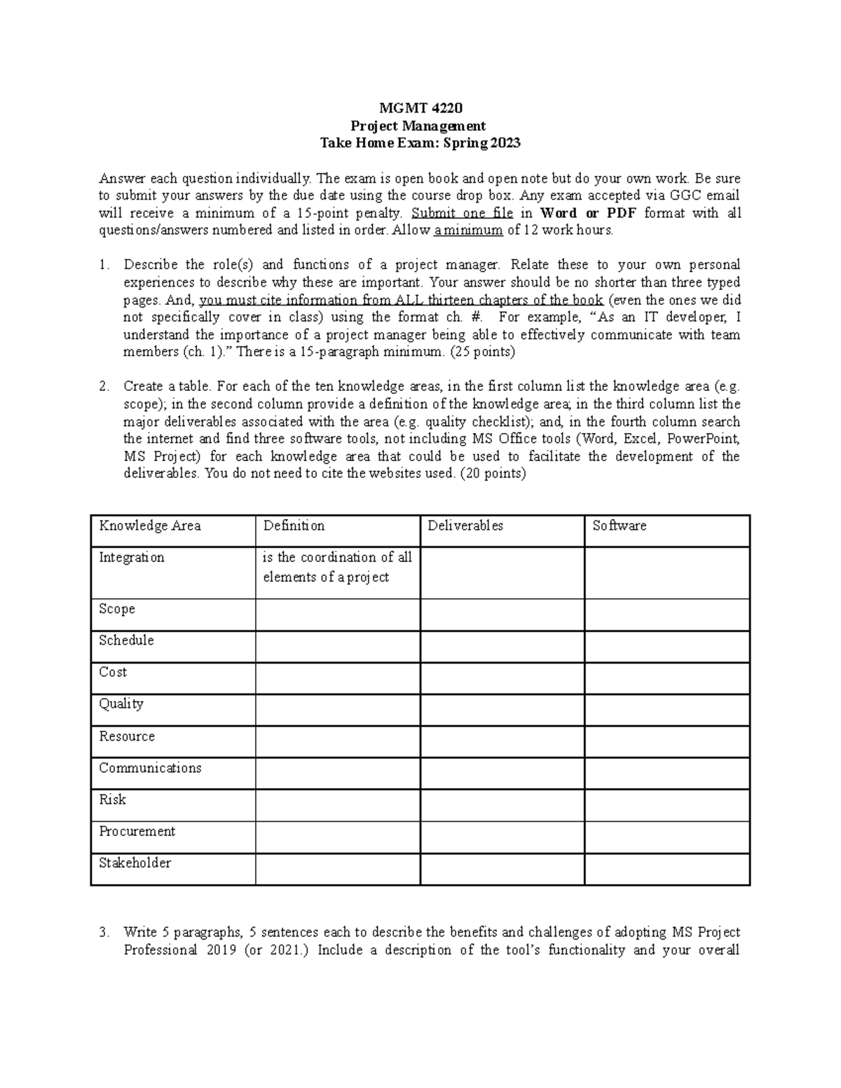 MGMT 4220 Spring 2023 Take Home Exam - MGMT 4220 Project Management Take Home Exam: Spring 2023 ...