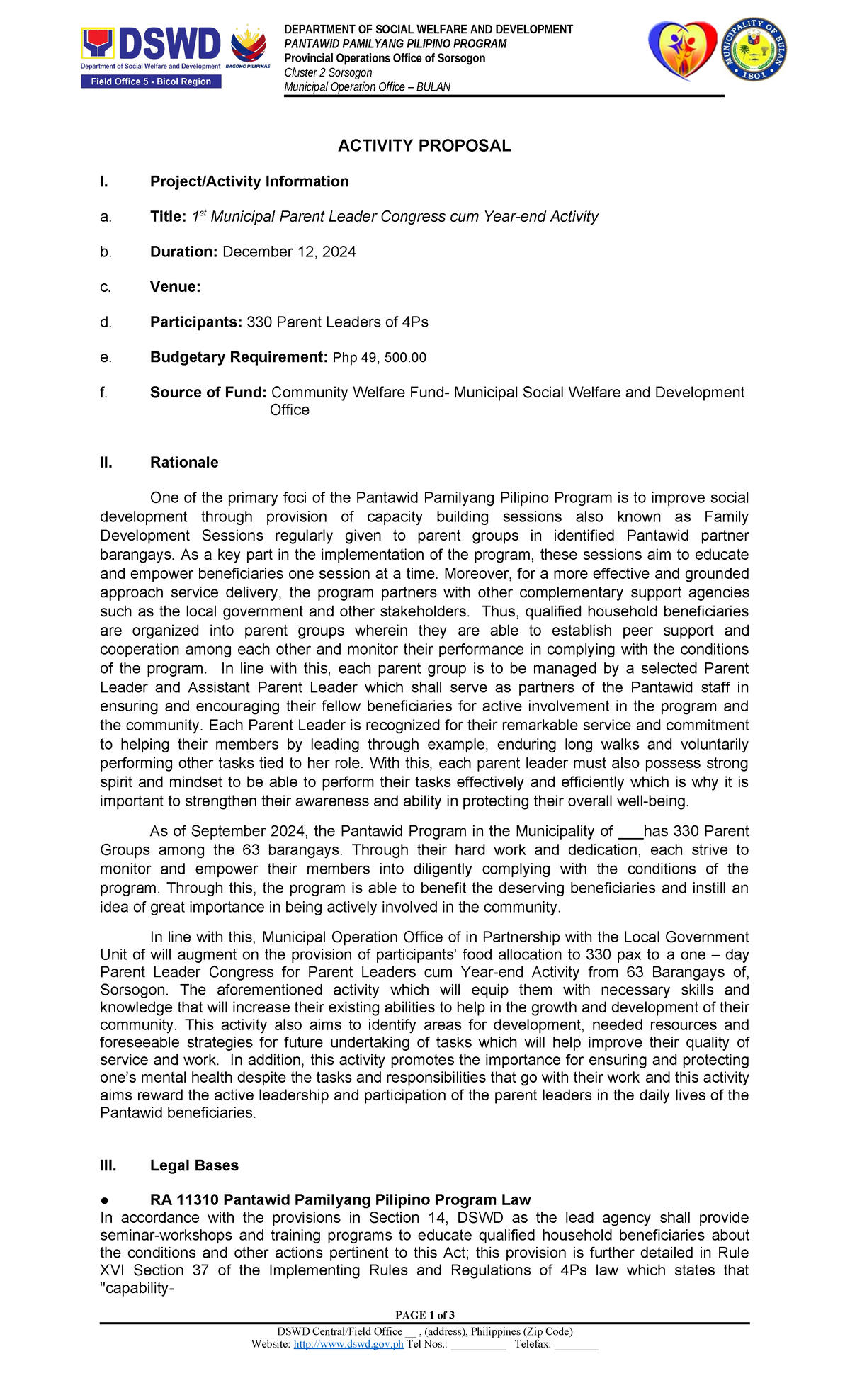 Activity Proposal Sample - DEPARTMENT OF SOCIAL WELFARE AND DEVELOPMENT ...