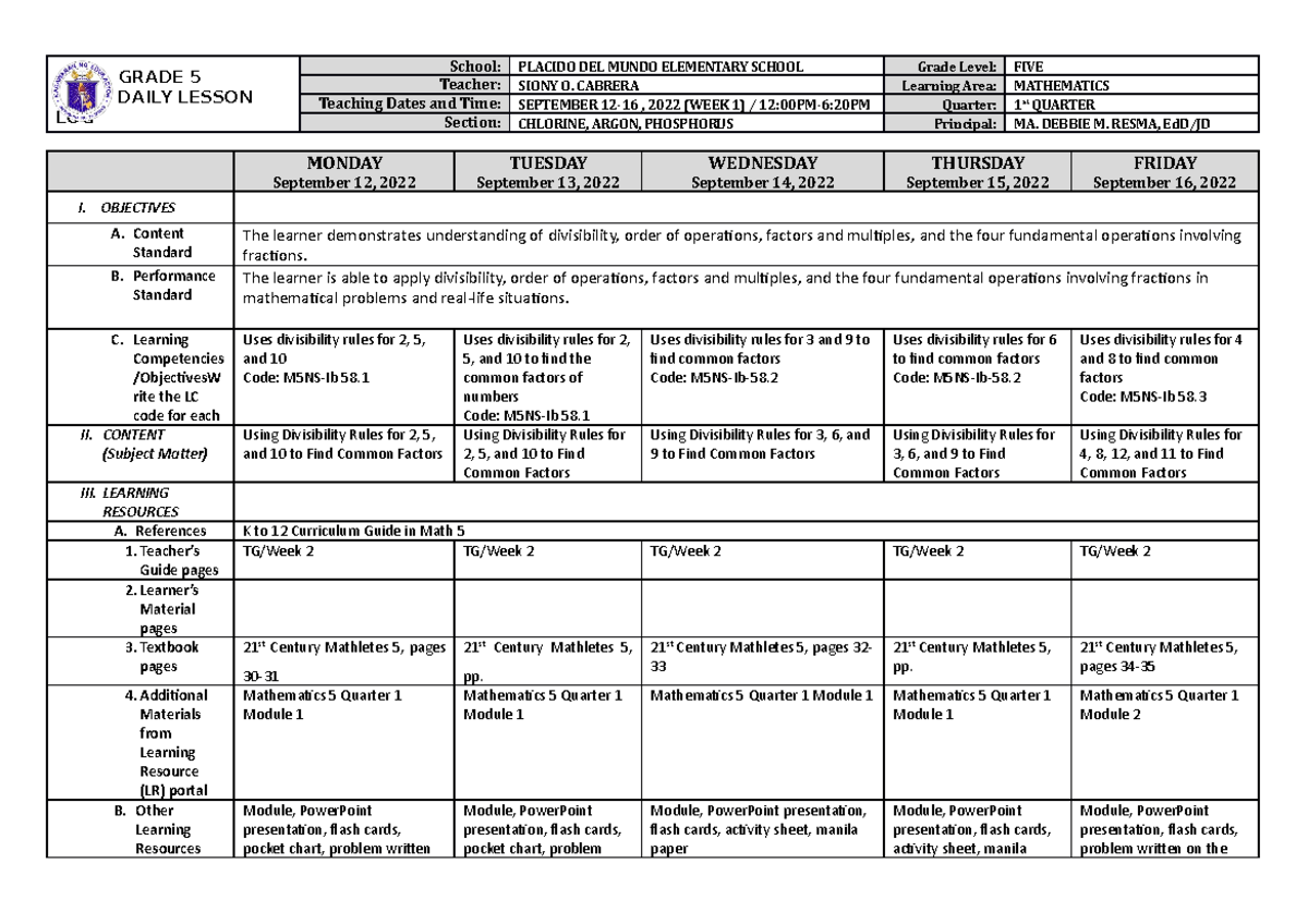 Math-DLL Week-1-2 sio - none - GRADE 5 DAILY LESSON LOG School: PLACIDO ...