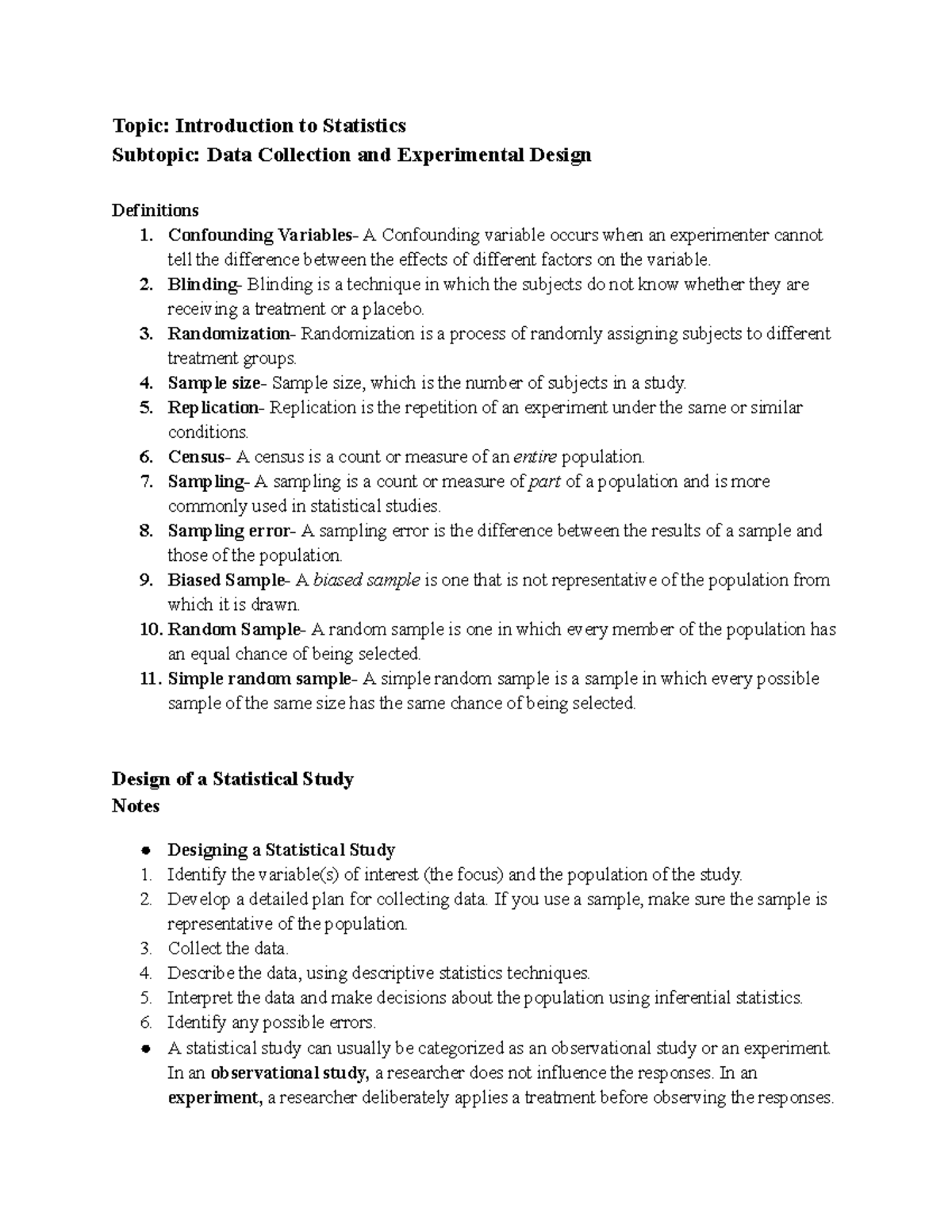 Data Collection and Experimental Design 1.3 Notes - Topic: Introduction ...