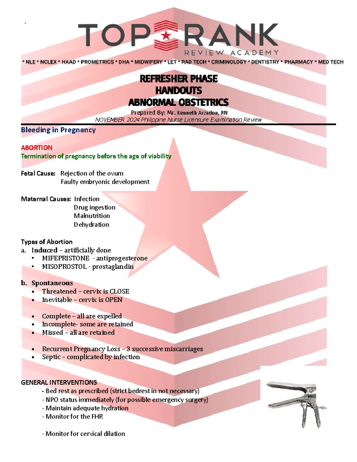Handouts - Abnormal OB - MR. Kenneth Arzadon - ` REFRESHER PHASE ...