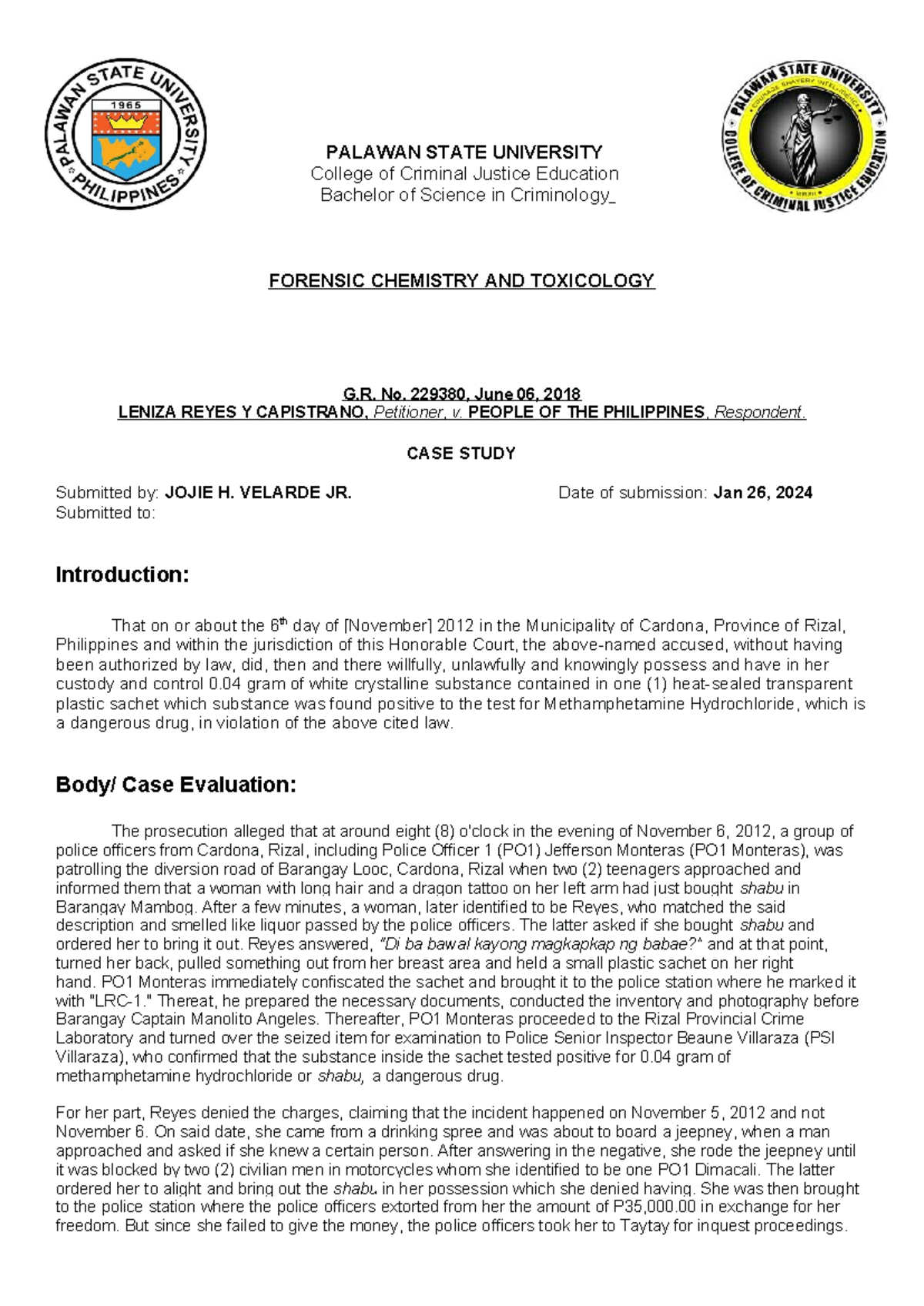 Forensic Chemistry - Case Study - PALAWAN STATE UNIVERSITY College of ...