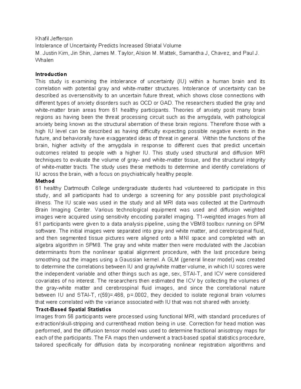 Article 1 Summary - Khafil Jefferson Intolerance of Uncertainty ...