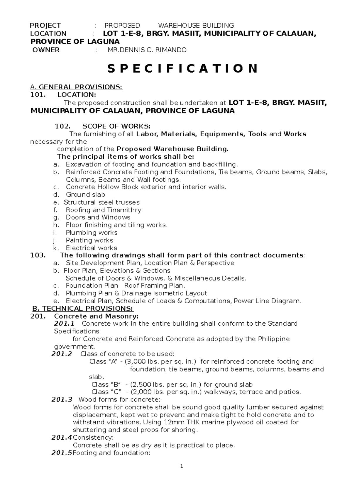 Warehouse Specifications for Permit - PROJECT : PROPOSED WAREHOUSE ...