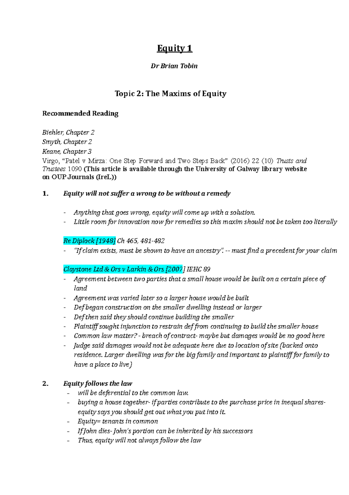 Topic 2 Maxims Of Equity Equity 1 Dr Brian Tobin Topic 2 The Maxims Of Equity Recommended