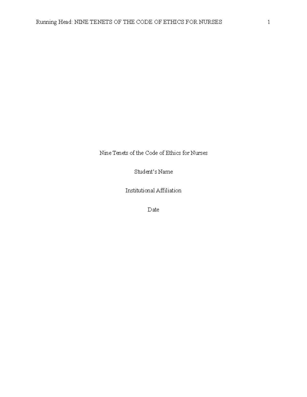 Nine Tenets of the Code of Ethics for Nurses - Running Head: NINE ...