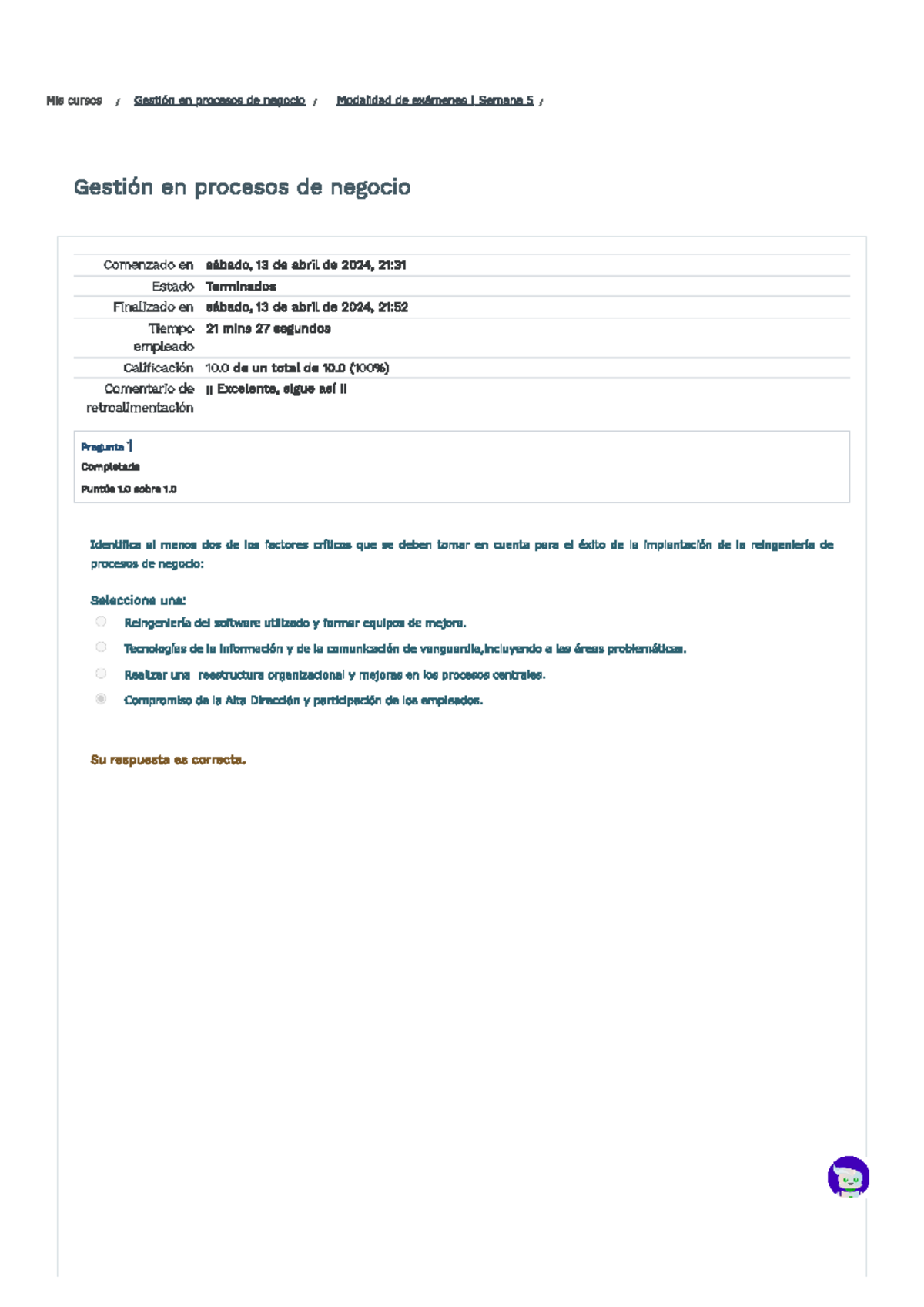 EXAMEN Gestión en procesos de negocio semana 5 - Gestion en Procesos de Negocios - Studocu